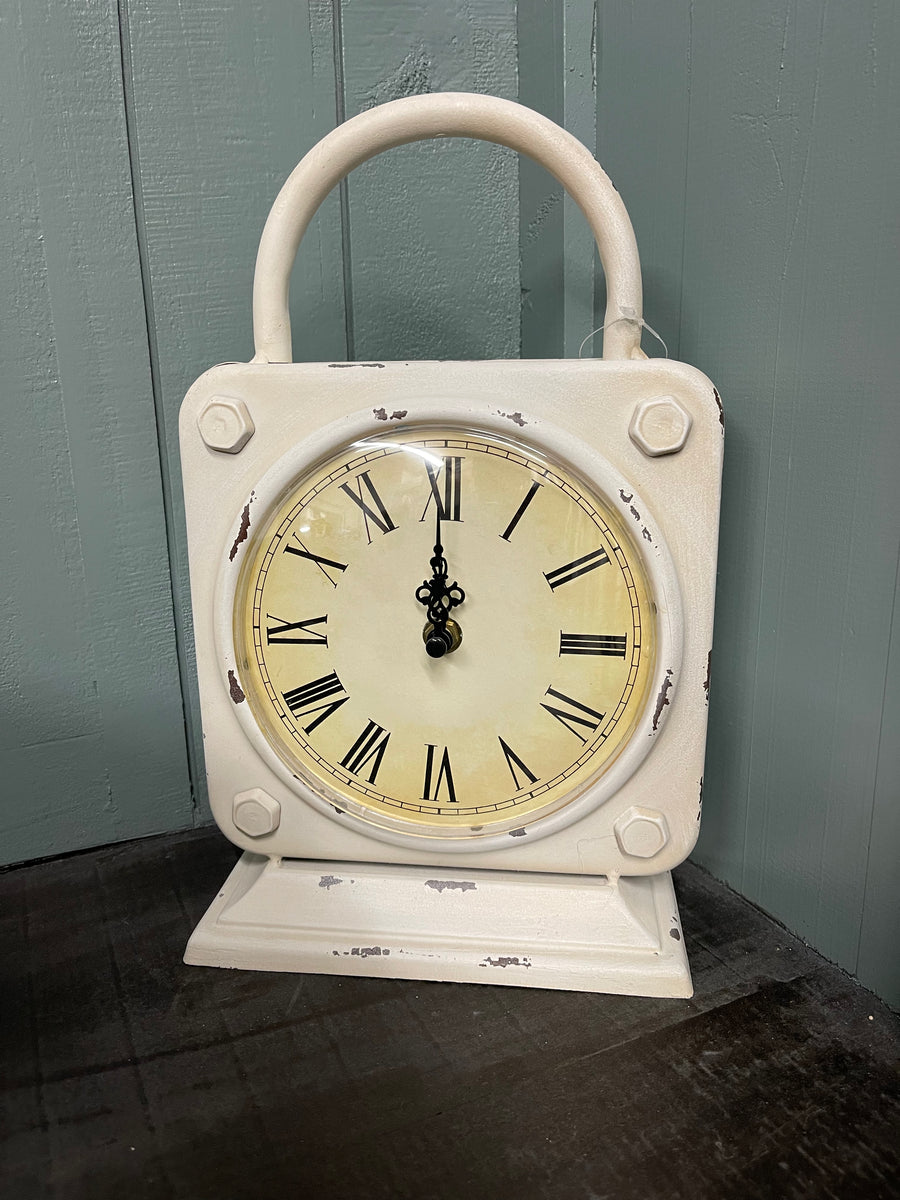 Distressed White Iron Clock with Handle| Fourth and Main on Laurel